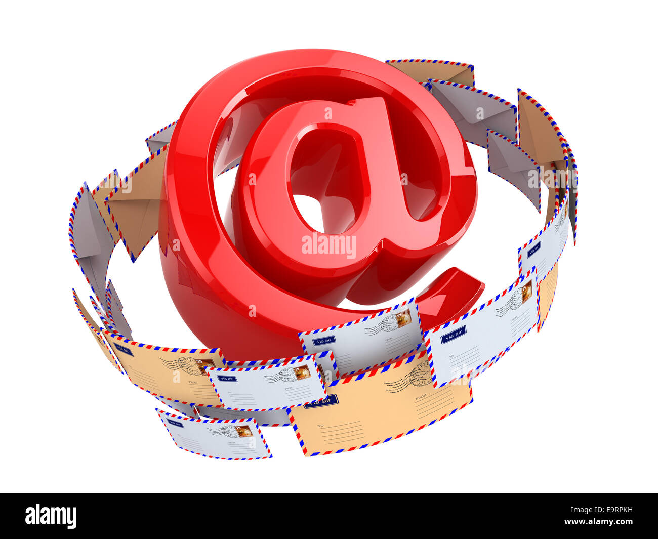 E-mail concept. At symbol and envelopes isolated on white background ...