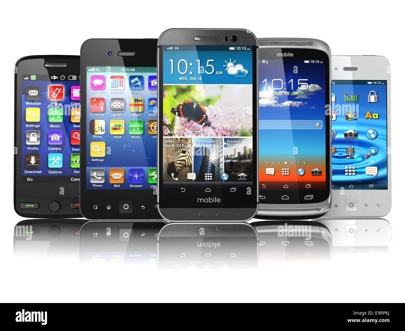Choosing of mobile phone. Different modern smartphones with touchscreen ...