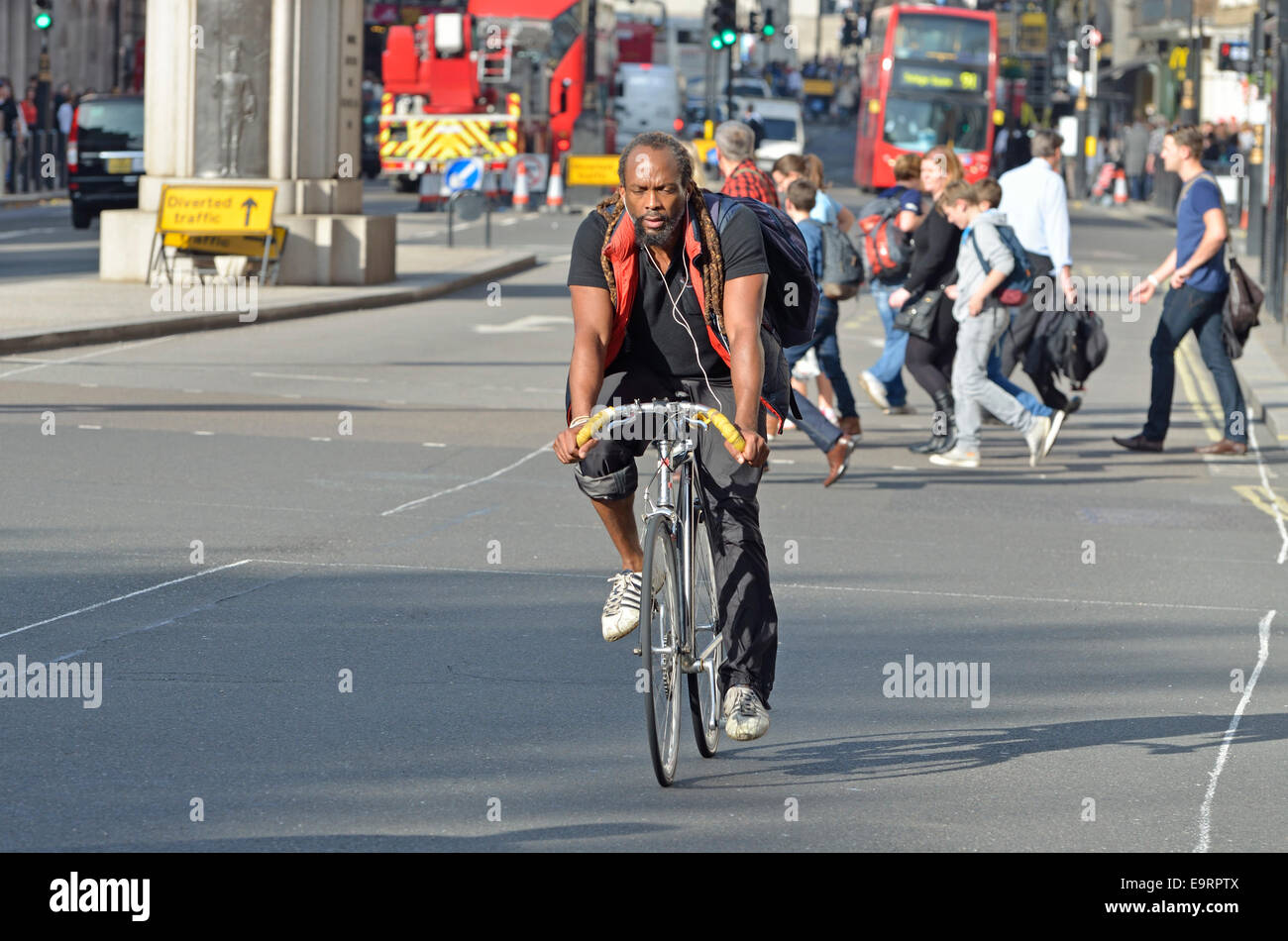 London, England, UK. Cyclist without helmet in Whitehall Stock Photo ...