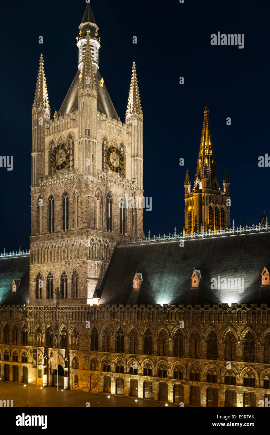The magnificent Cloth Hall building in Ypres in fading evening light ...