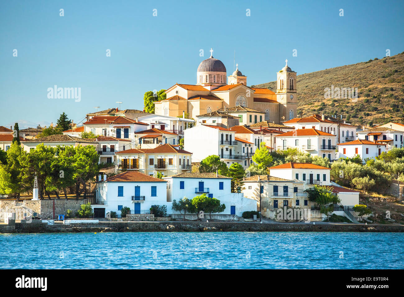 Buildings and the temple of a Greek harbor Galaxidi in Greece Stock ...