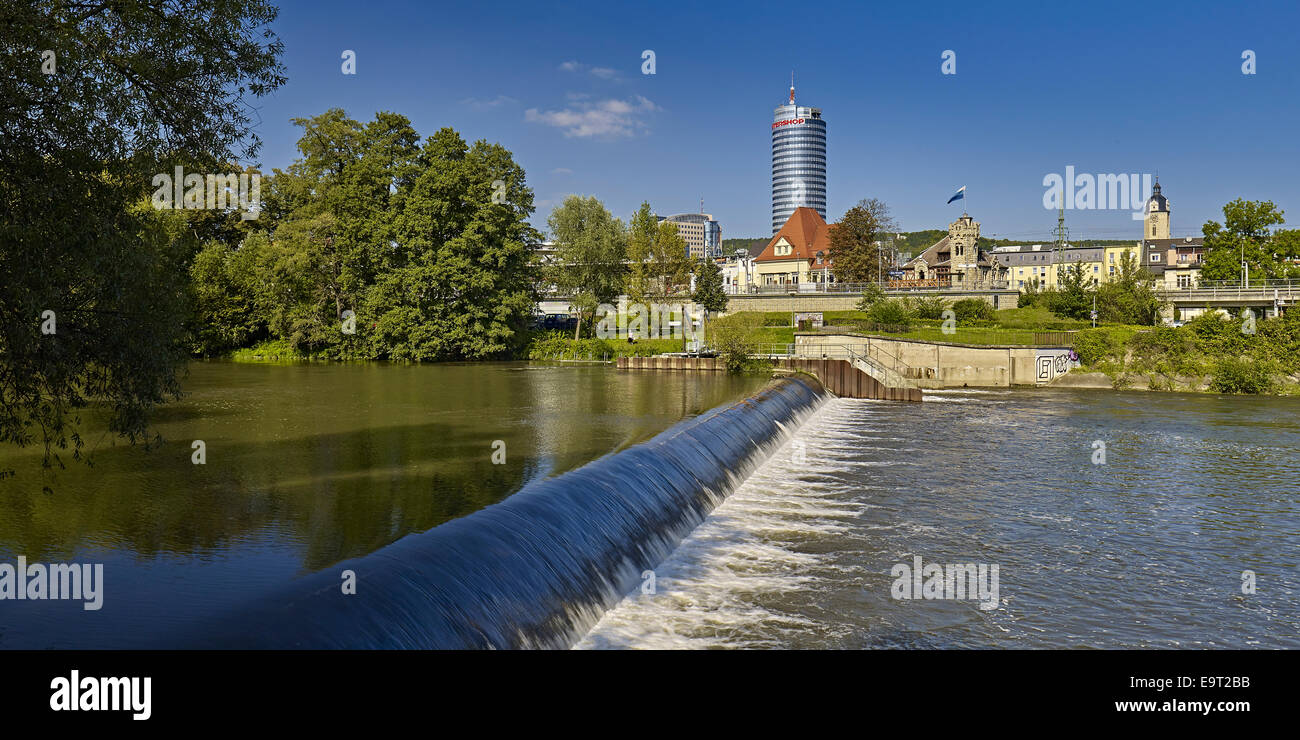 Saale weir at Jena Paradies station and Intershop Tower Stock Photo - Alamy
