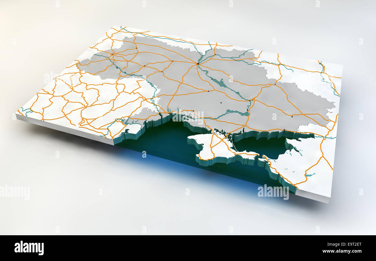 3d Map of Ukraine without Crimea with roads and rivers on gray ...