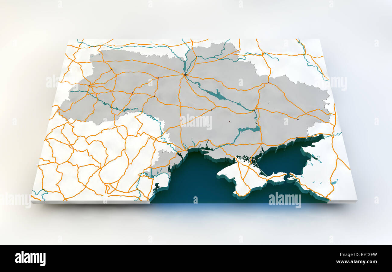3d Map of Ukraine without Crimea with roads and rivers on gray ...