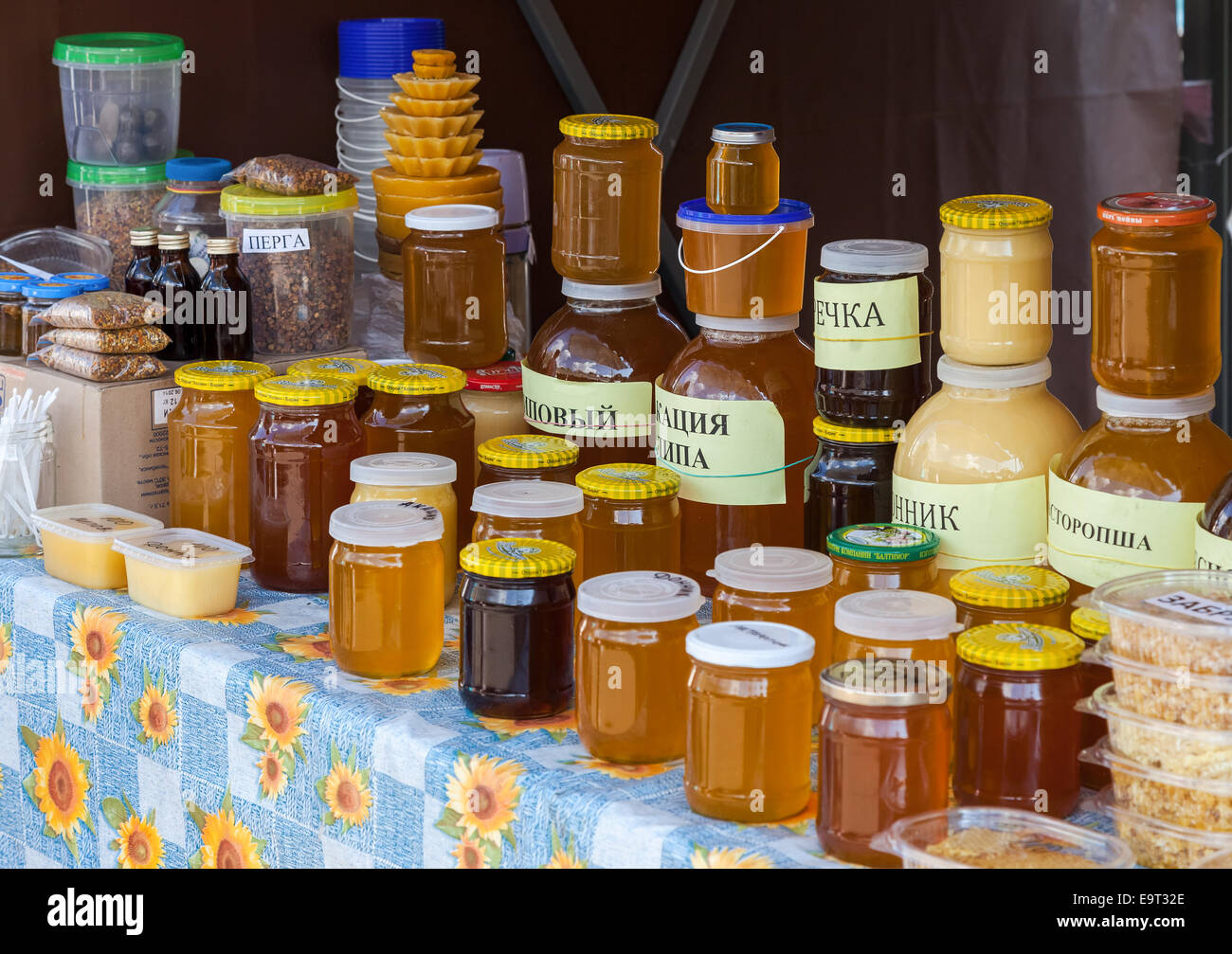 Sweet fresh honey ready for sale at the traditional farmers market ...