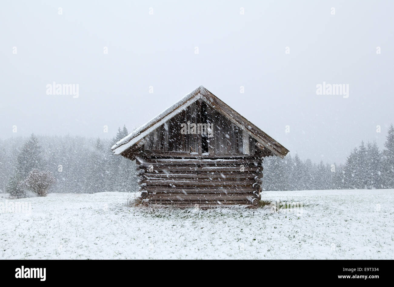 wooden old hut at snowfall in Bavarian Alps, Germany Stock Photo - Alamy