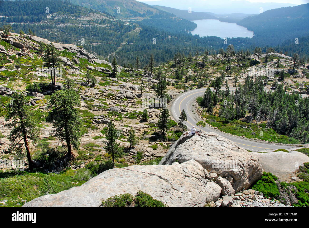Highway 40 over Donner Pass in Sierra Nevada, California with Donner ...