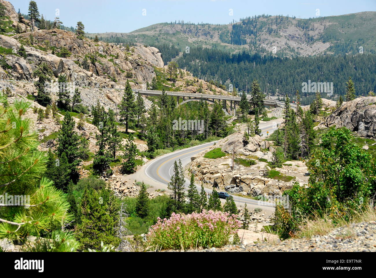 Highway 40 and bridge over Donner Pass in Sierra Nevada, California ...