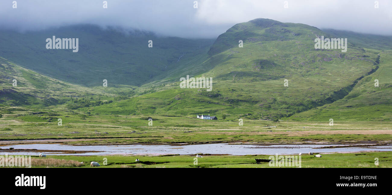 Small white solitary crofters cottage nestling below mountain range by ...