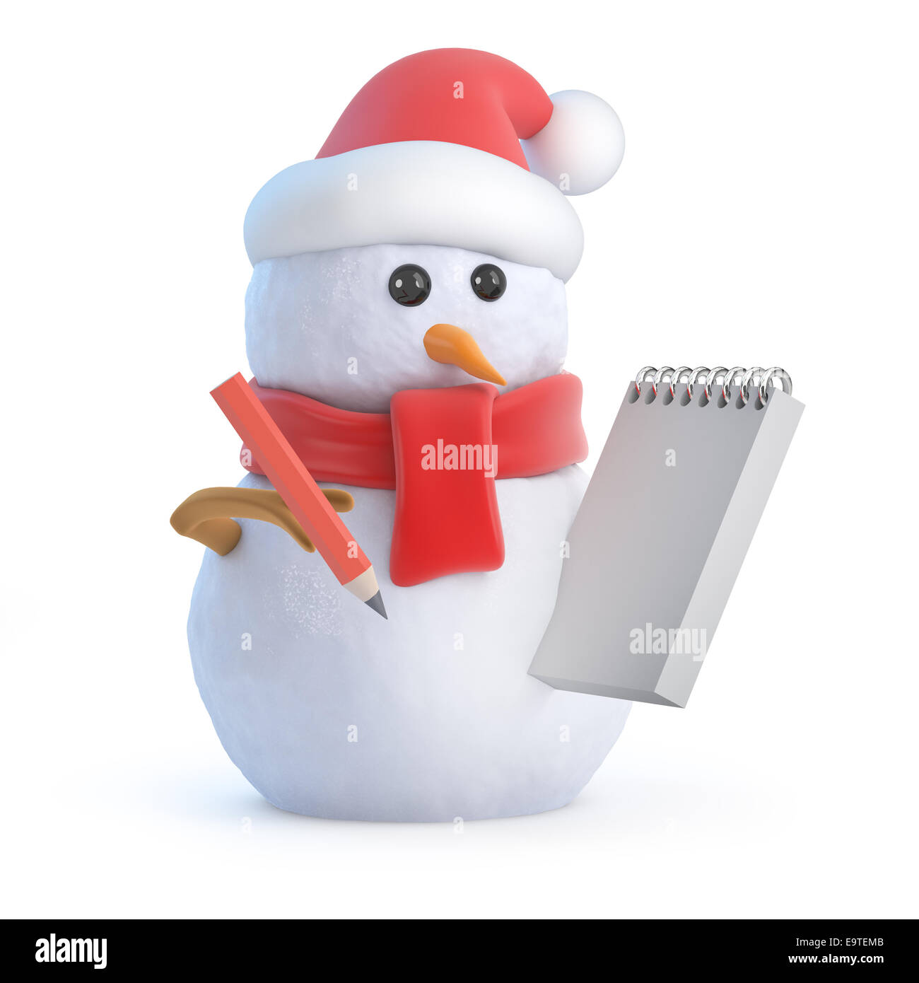 3d render of a snowman wearing a Santa Claus hat writing in a notepad ...