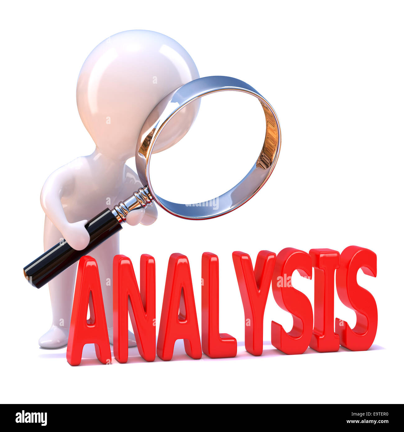 3d render of a little person looking at the word analysis through a ...