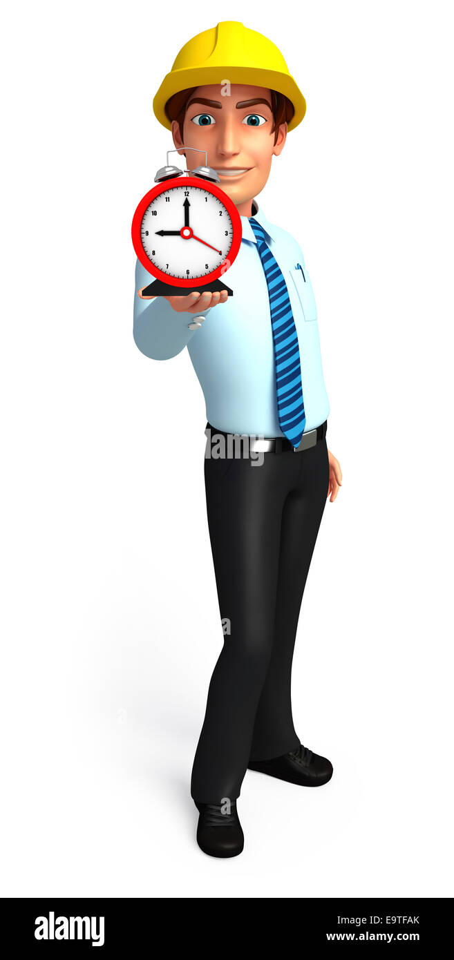 Illustration of service man with table clock Stock Photo - Alamy