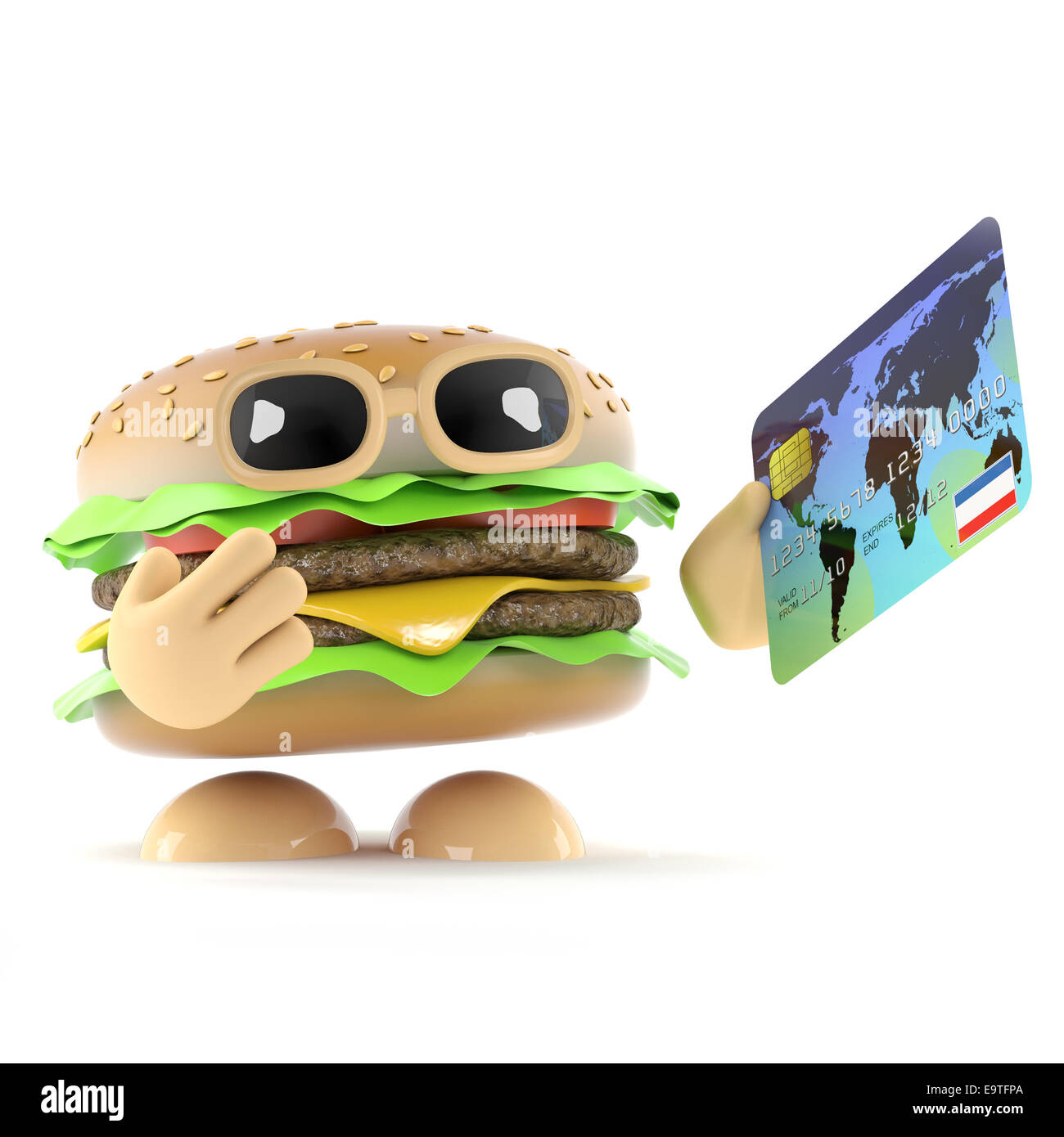 3d render of a beefburger holding a debit card Stock Photo - Alamy