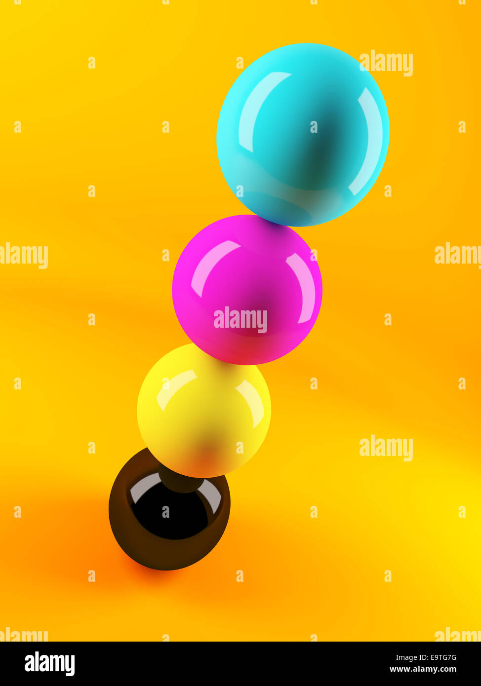 3d render of four spheres in CMYK colors balanced on top of each other ...