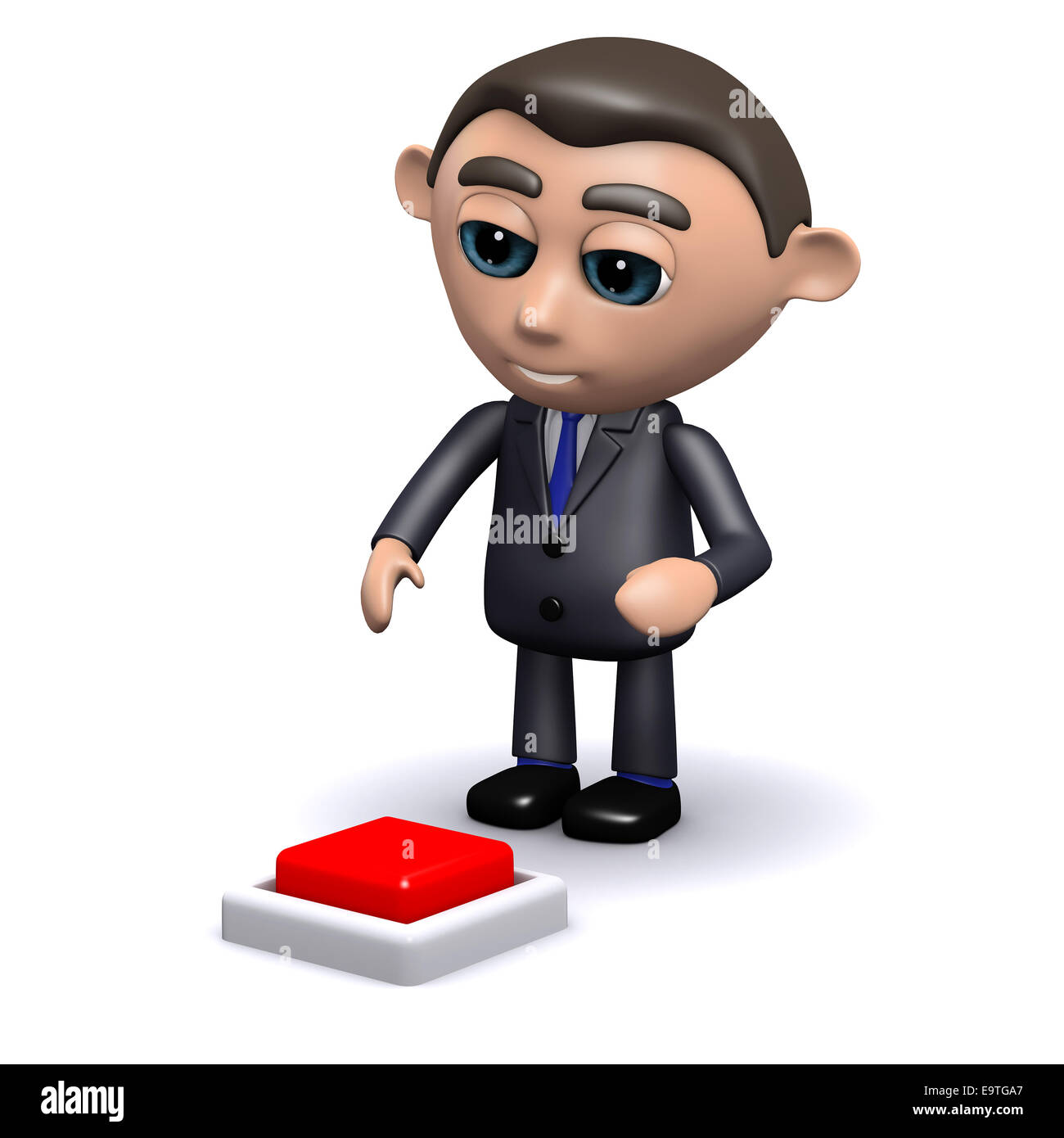 3d render of a salesman looking at a red button set in the floor Stock ...