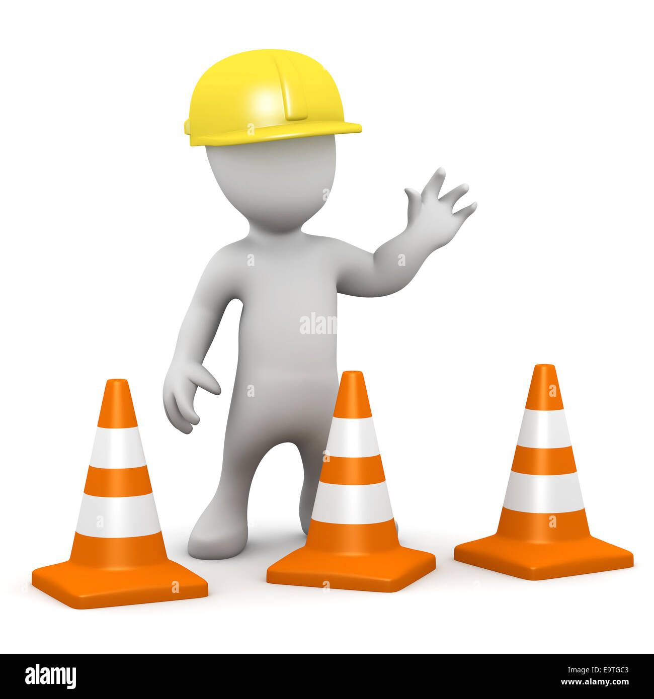 3d render of a little person wearing a safety helmet next to some ...