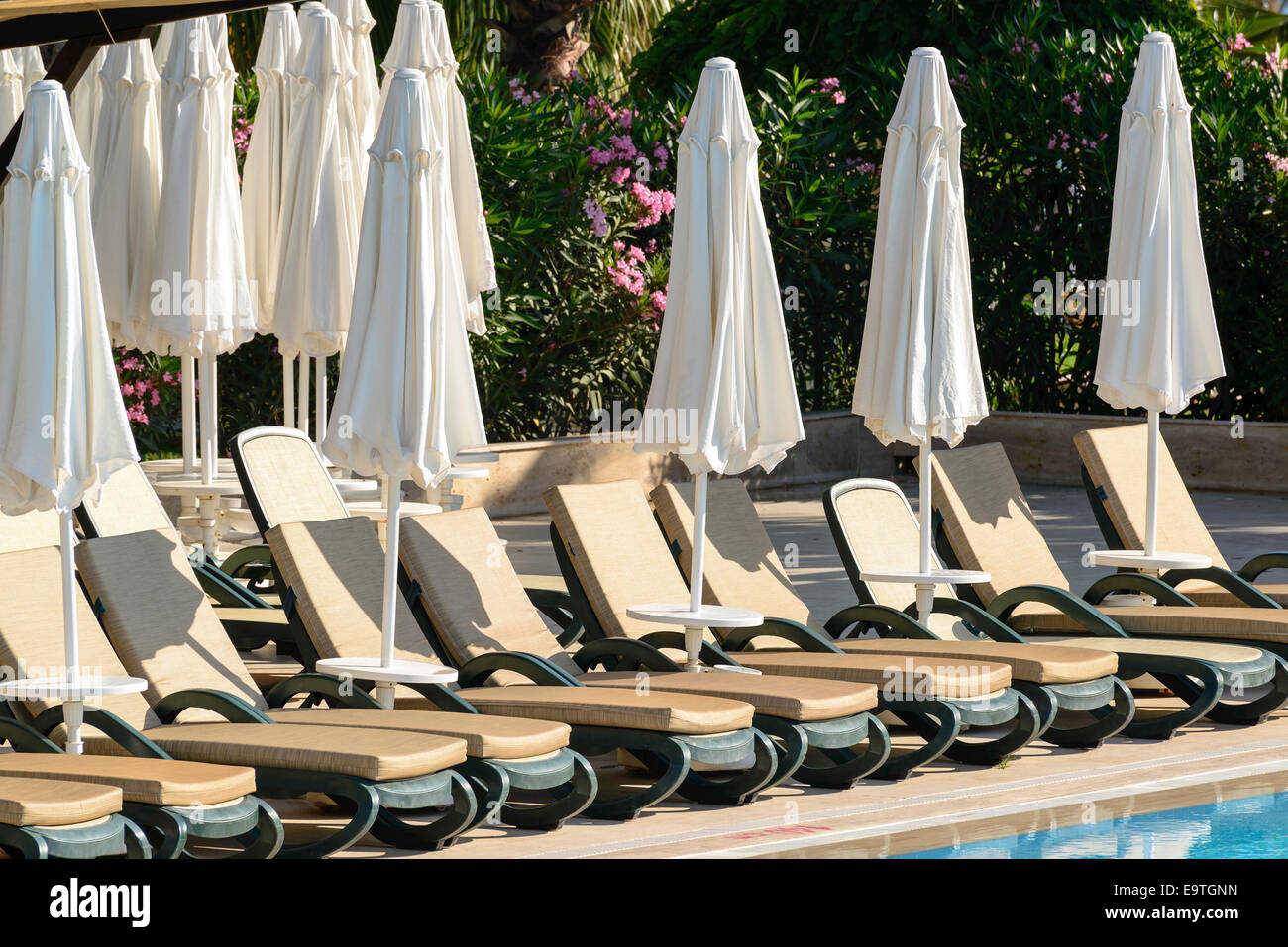Sun loungers and parasols by pool Stock Photo - Alamy