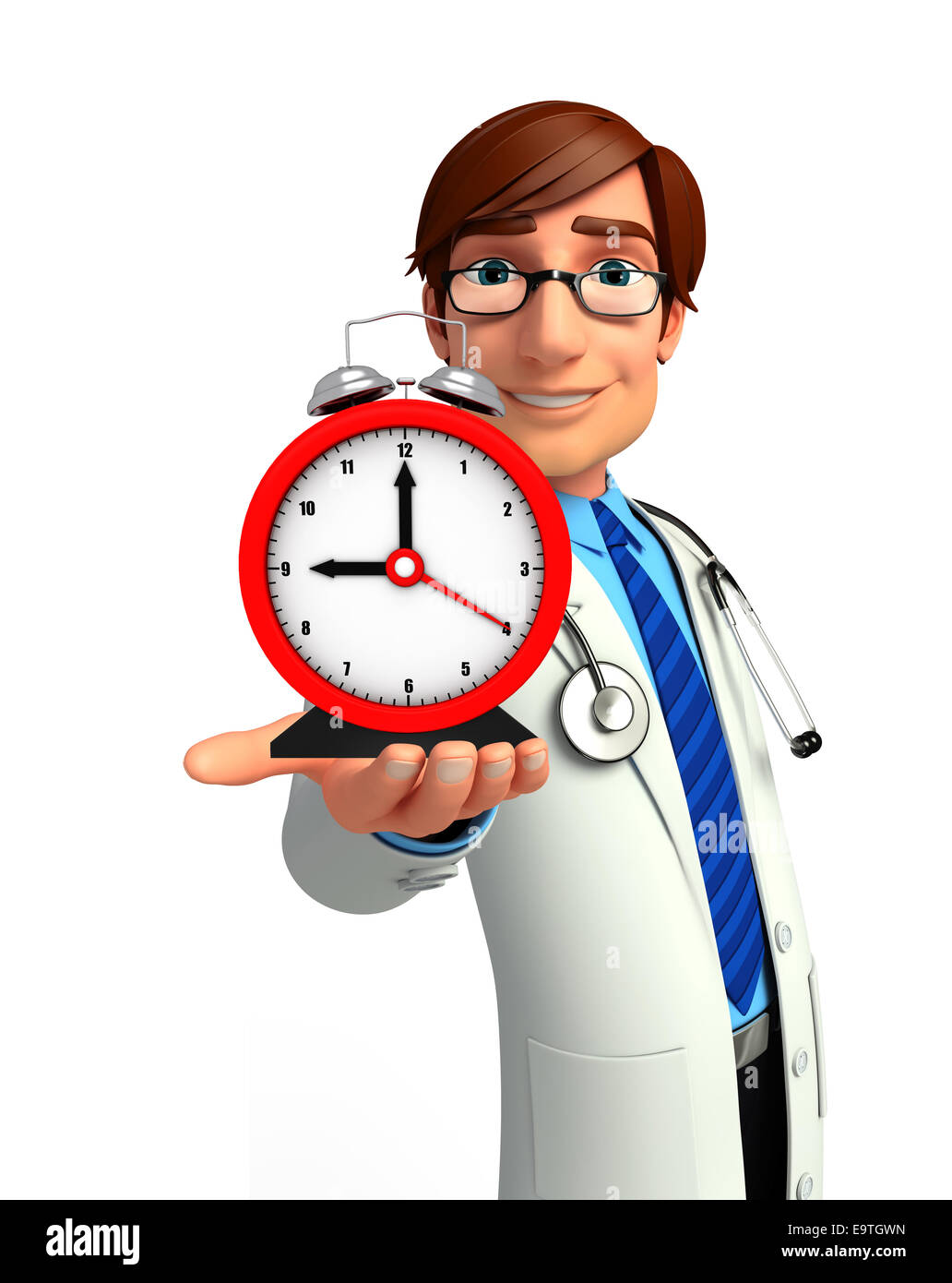 Illustration of young doctor with table clock Stock Photo - Alamy