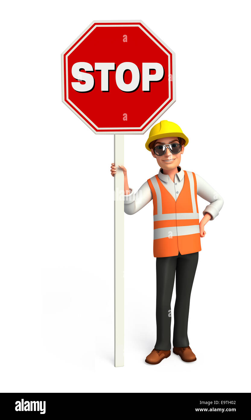 Illustration of young worker with stop sign Stock Photo - Alamy