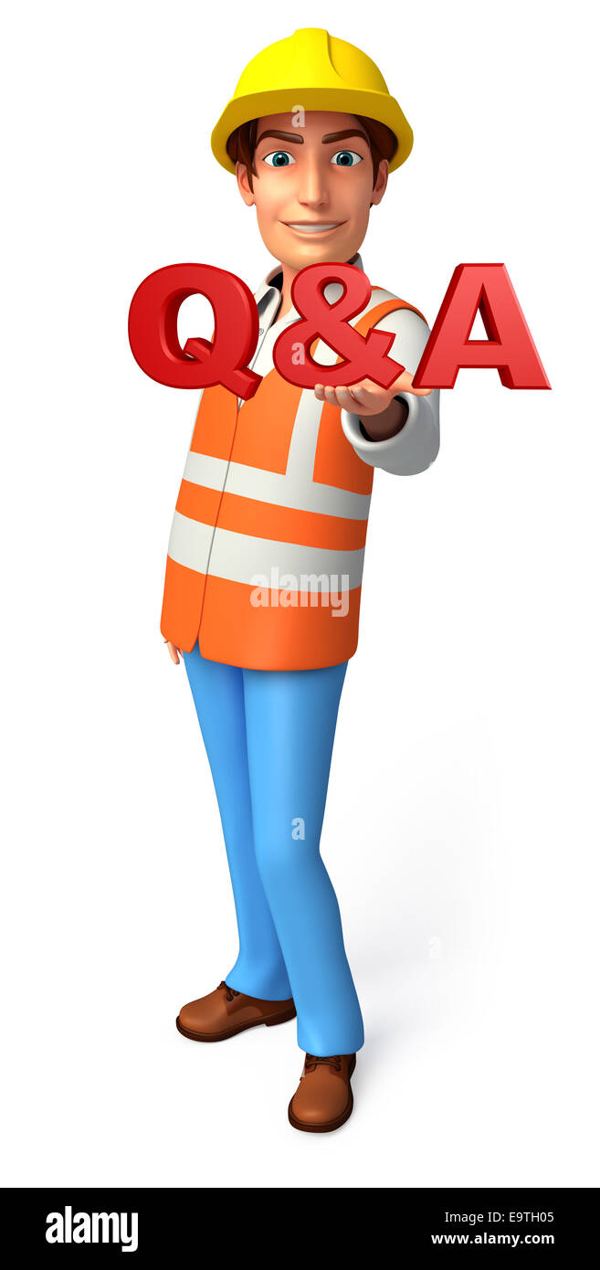 Illustration of young worker with Q & A sign Stock Photo - Alamy