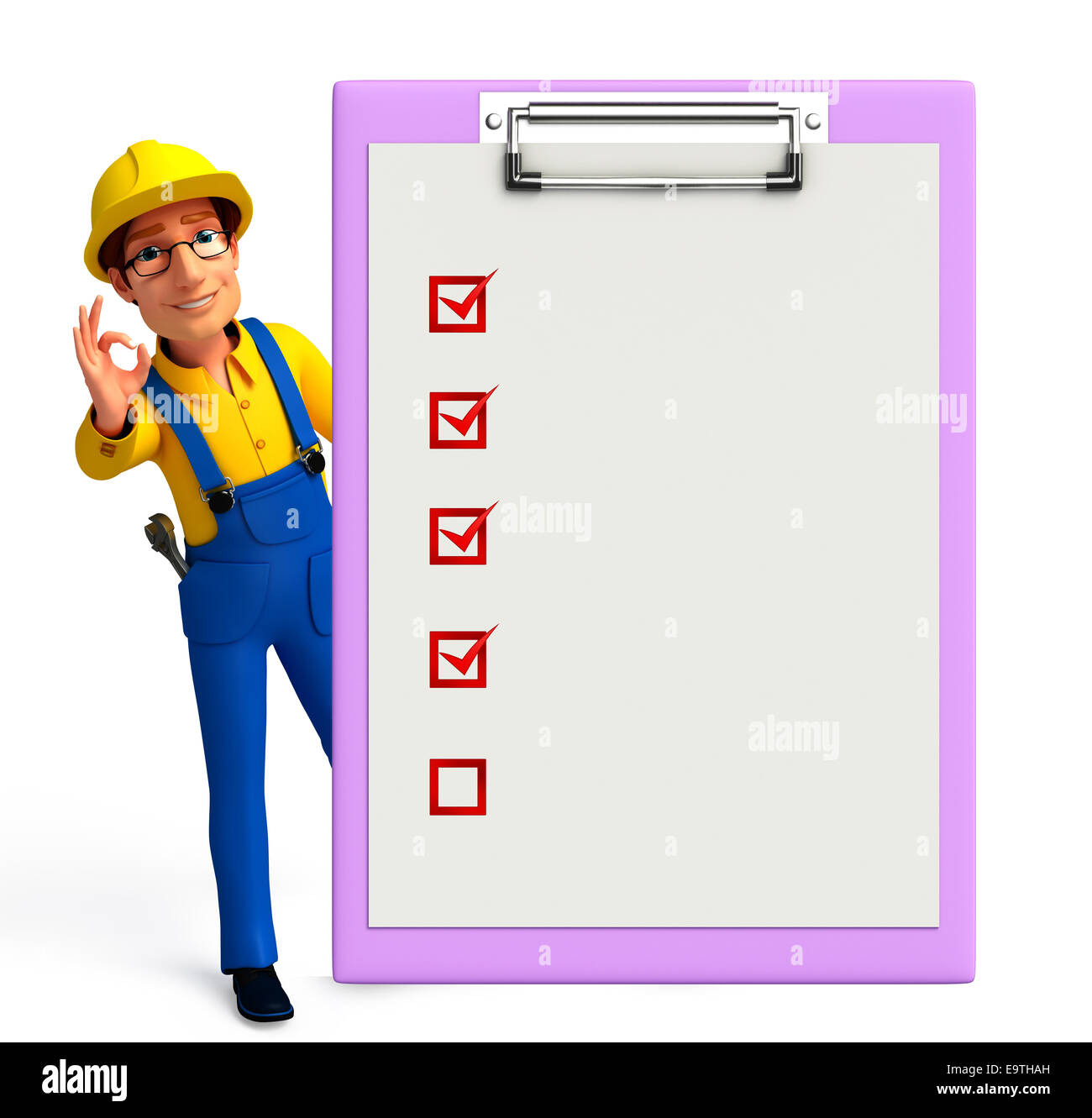 Illustration of young mechanic with notepad Stock Photo - Alamy