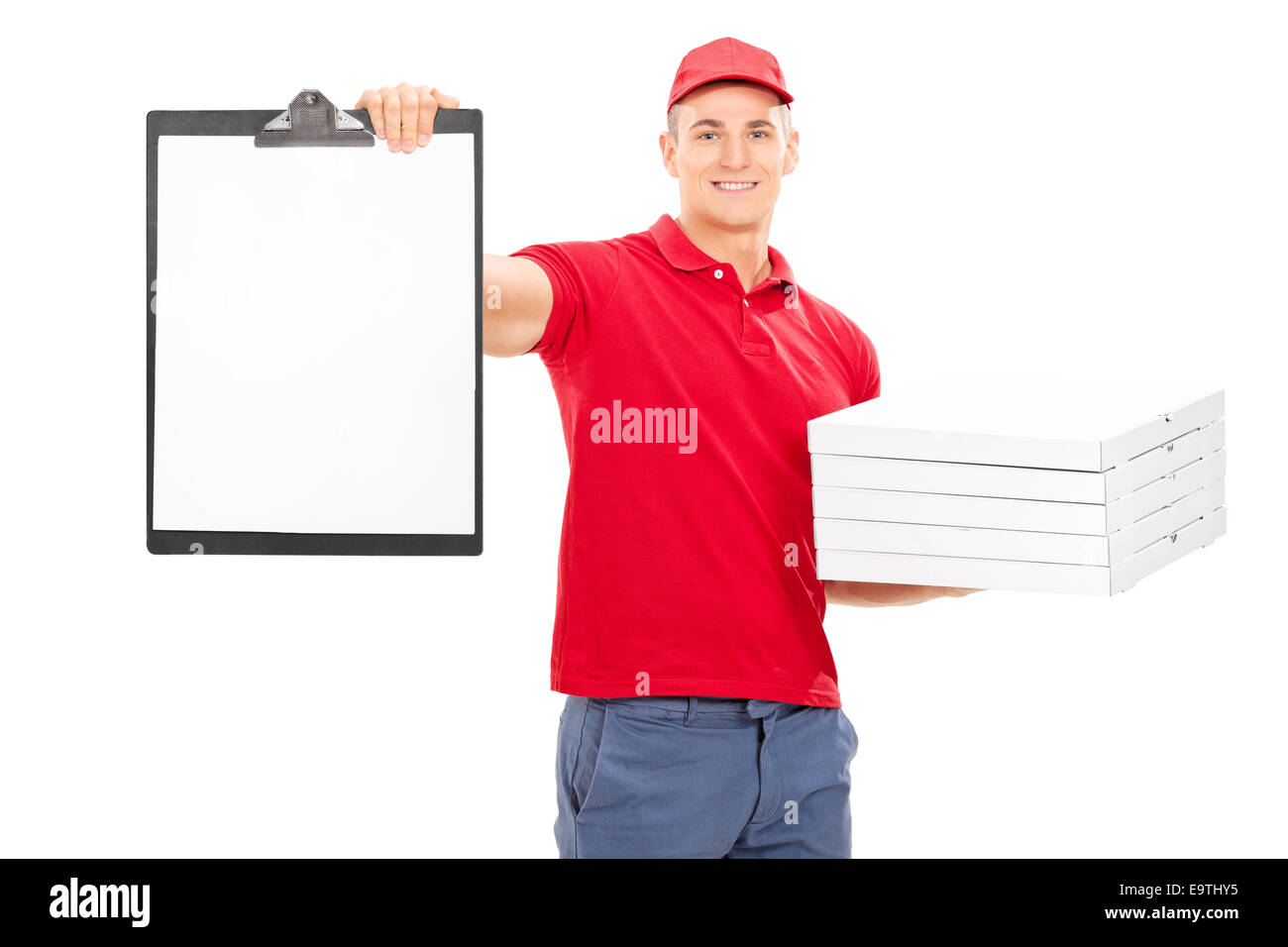 Pizza delivery guy holding a clipboard isolated on white background ...