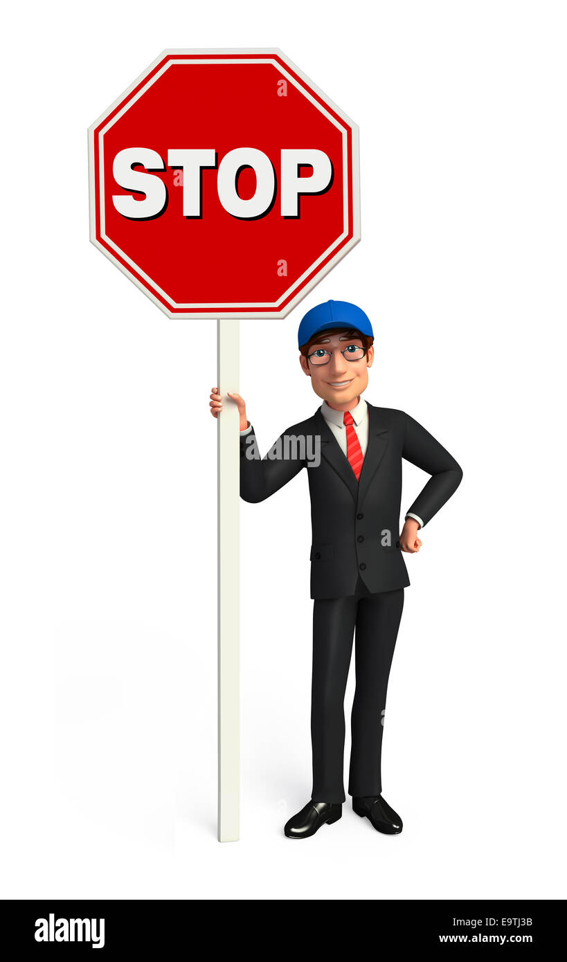 Illustration of Young Business Man with Stop sign Stock Photo - Alamy