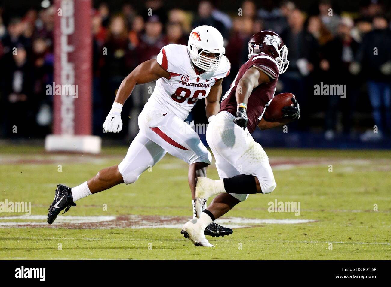 Starkville, Mississippi, USA. 1st Nov, 2014. Arkansas defensive end ...