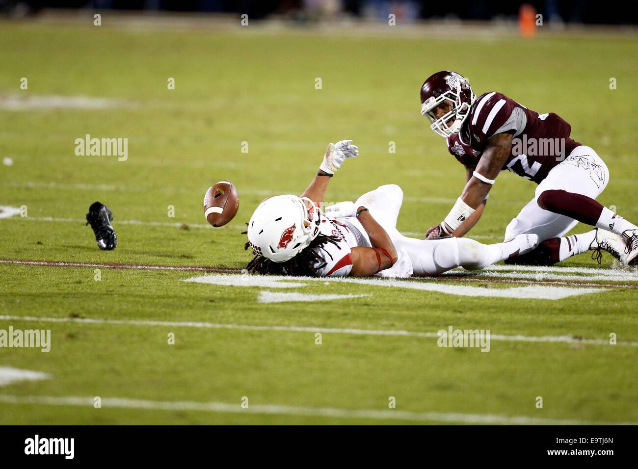 Starkville, Mississippi, USA. 1st Nov, 2014. Arkansas receiver Keon ...