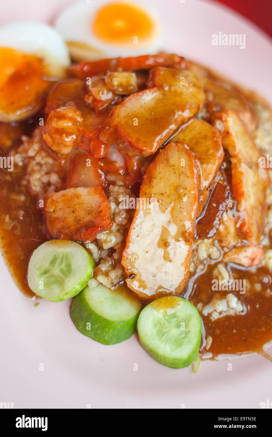 Red pork with rice. Street food in thailand Stock Photo - Alamy