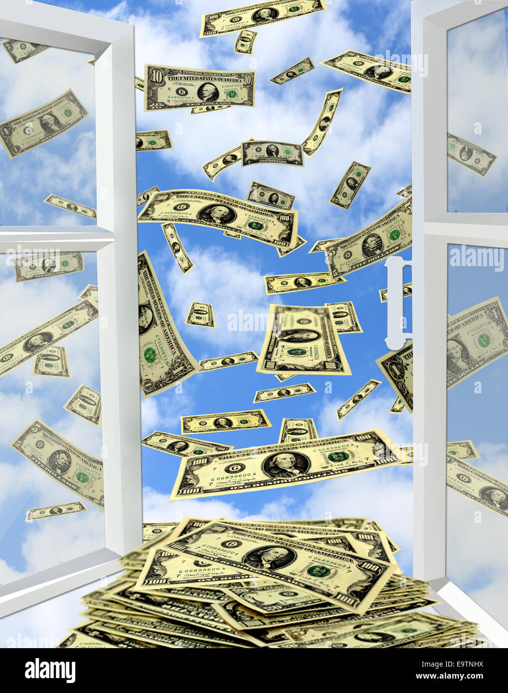 dollars flying out from opened window to the cloudy heaven Stock Photo ...
