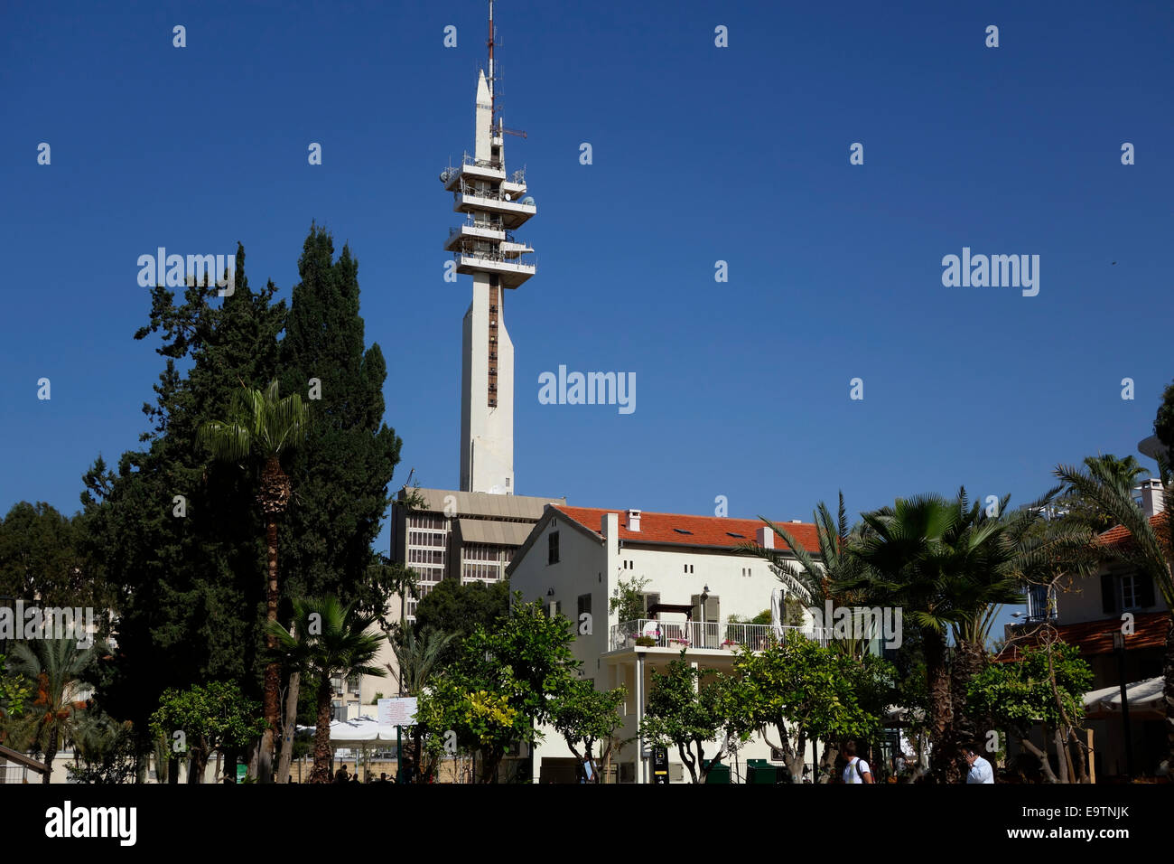 The tower of Israeli Defense Ministry headquarter is seen from Sarona a ...