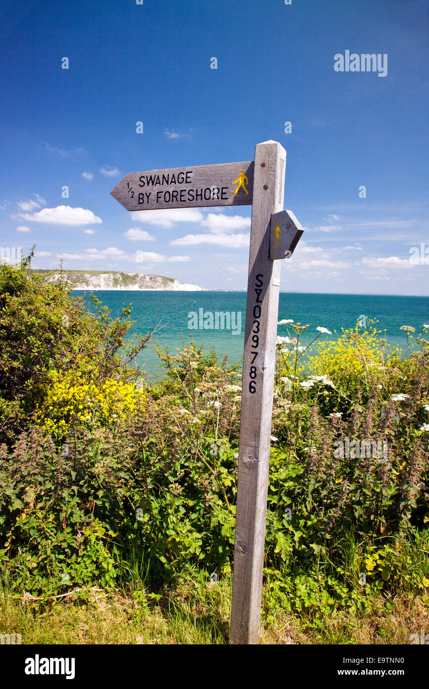 Signpost with grid reference at Peveril Point in Swanage on the ...