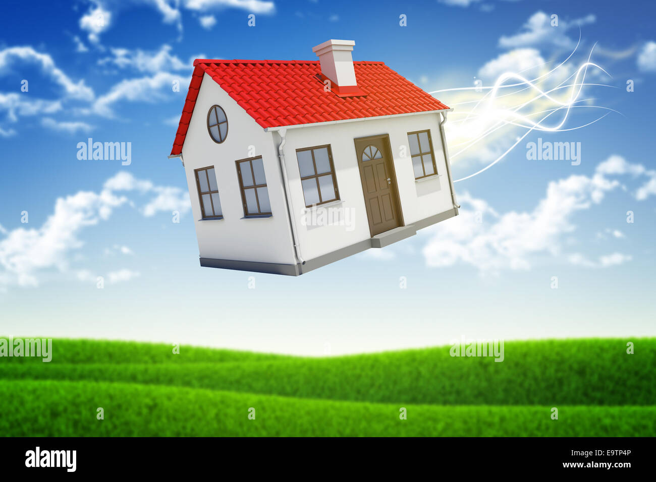 House is falling from the sky. Sky and grass on background Stock Photo ...