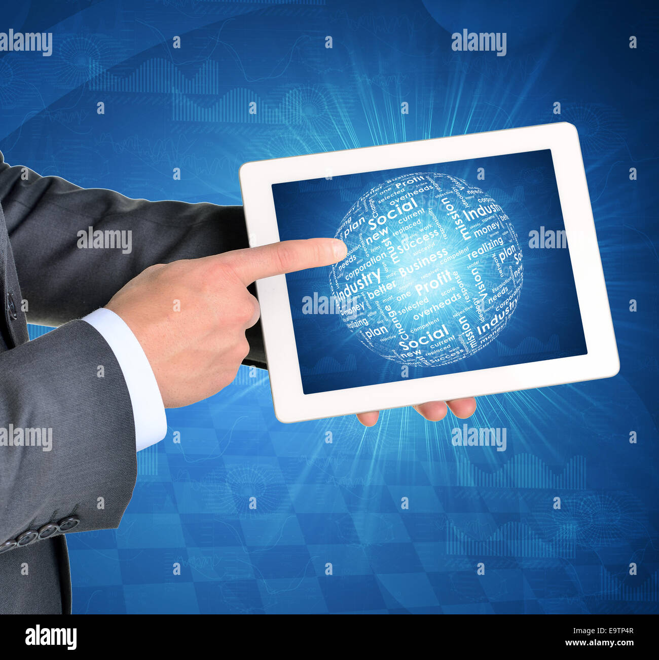 Man hands using tablet pc. Sphere of business words on touch screen ...