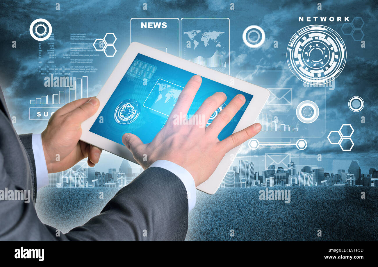Man hands using tablet. Virtual elements on touchscreen Stock Photo - Alamy