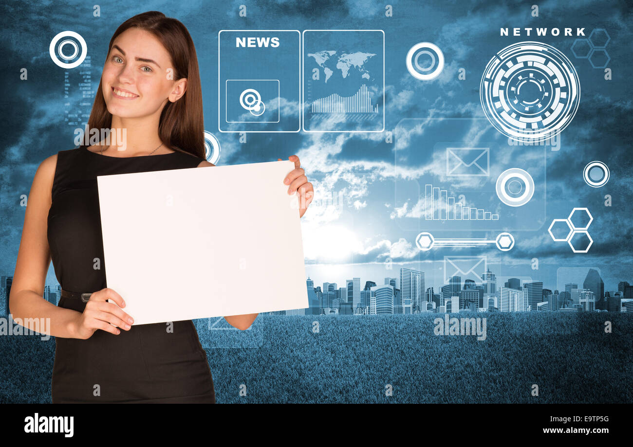 Businesswoman hold paper sheet. Virtual elements and city Stock Photo ...
