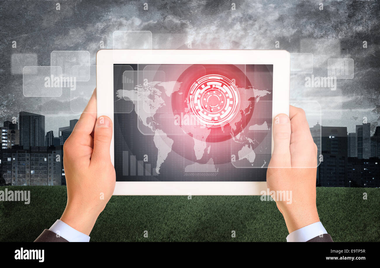 Man hands using tablet. Virtual elements on touchscreen Stock Photo - Alamy