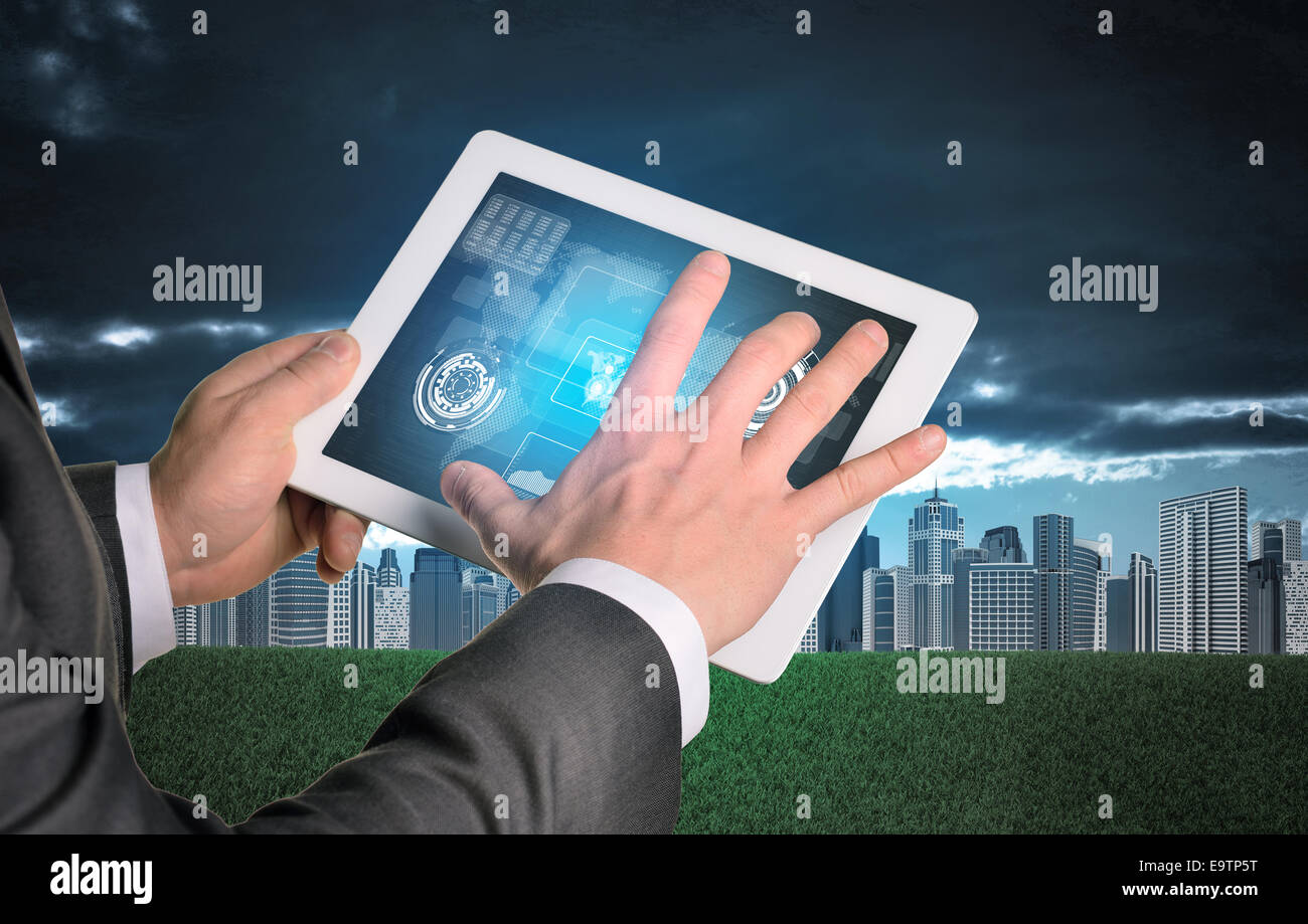 Man hands using tablet. Virtual elements on touchscreen Stock Photo - Alamy