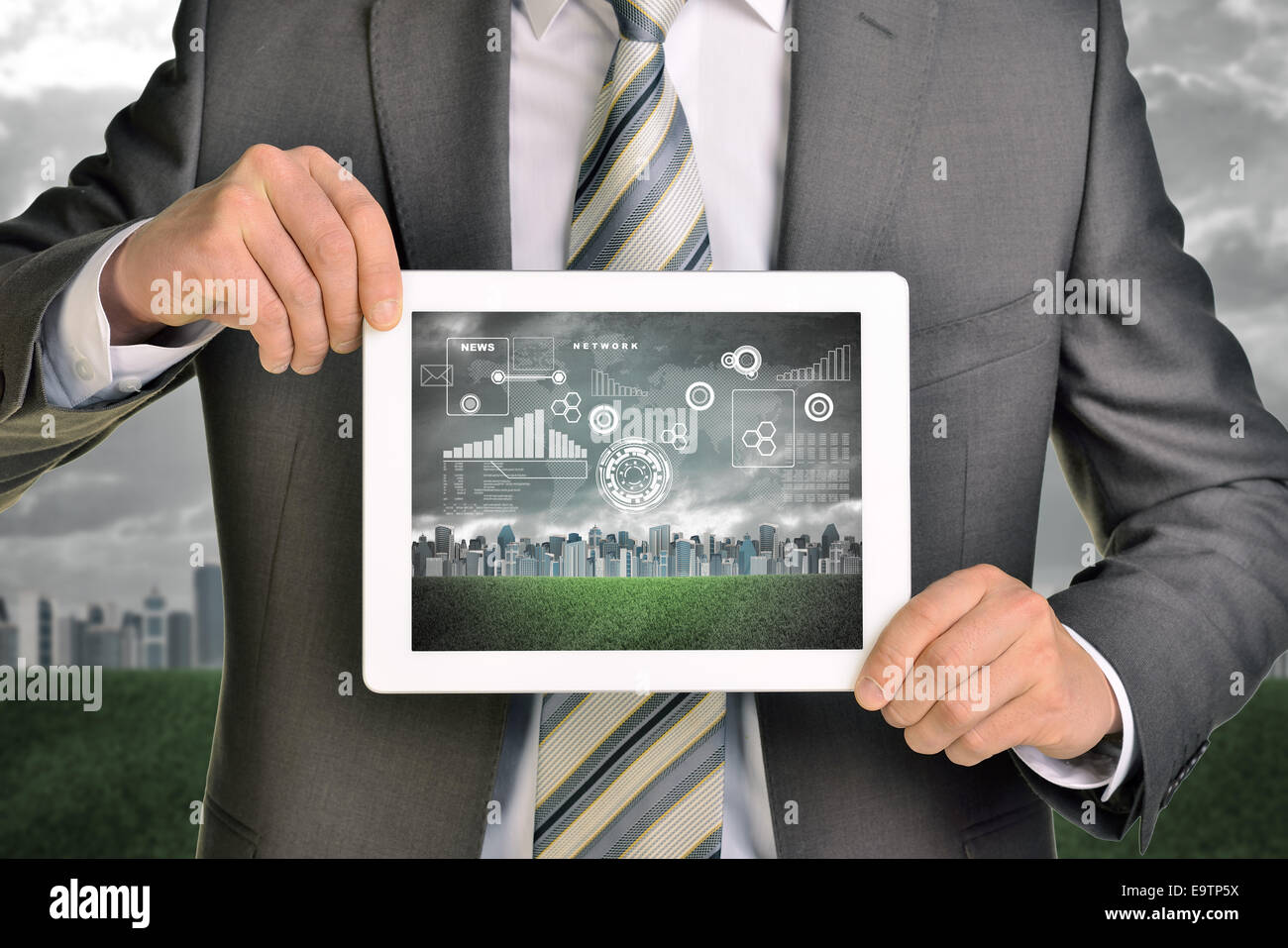 Man hands using tablet. Virtual elements on touchscreen Stock Photo - Alamy