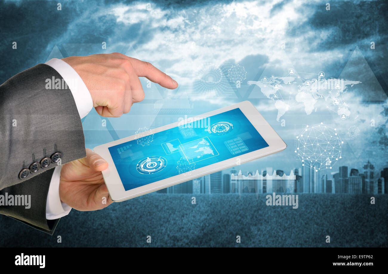 Man hands using tablet. Virtual elements on touchscreen Stock Photo - Alamy