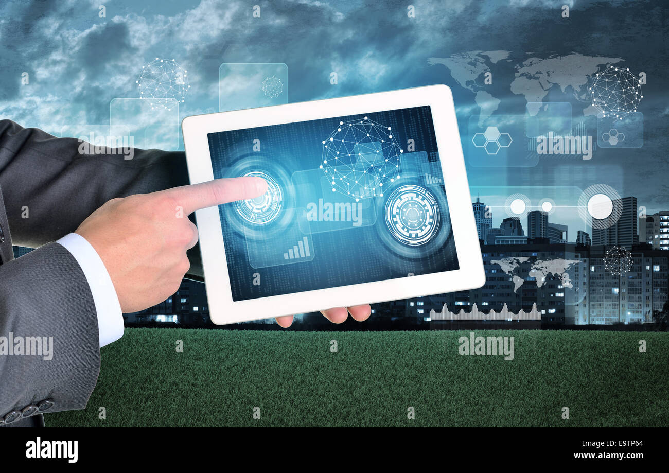 Man hands using tablet. Virtual elements on touchscreen Stock Photo - Alamy