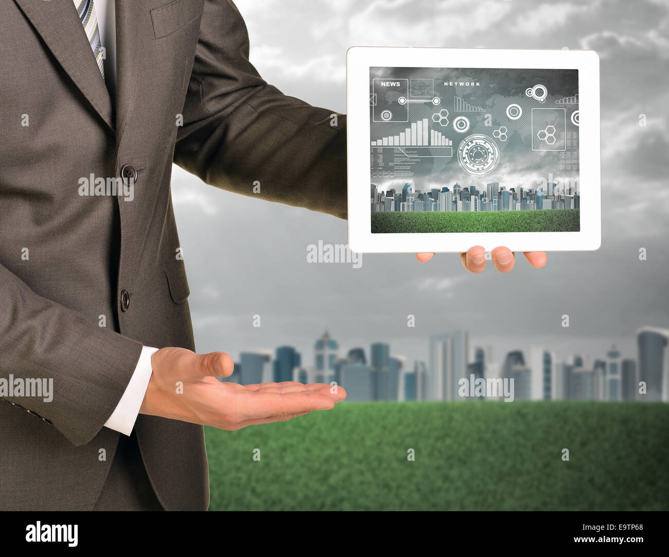 Man hands using tablet. Virtual elements on touchscreen Stock Photo - Alamy