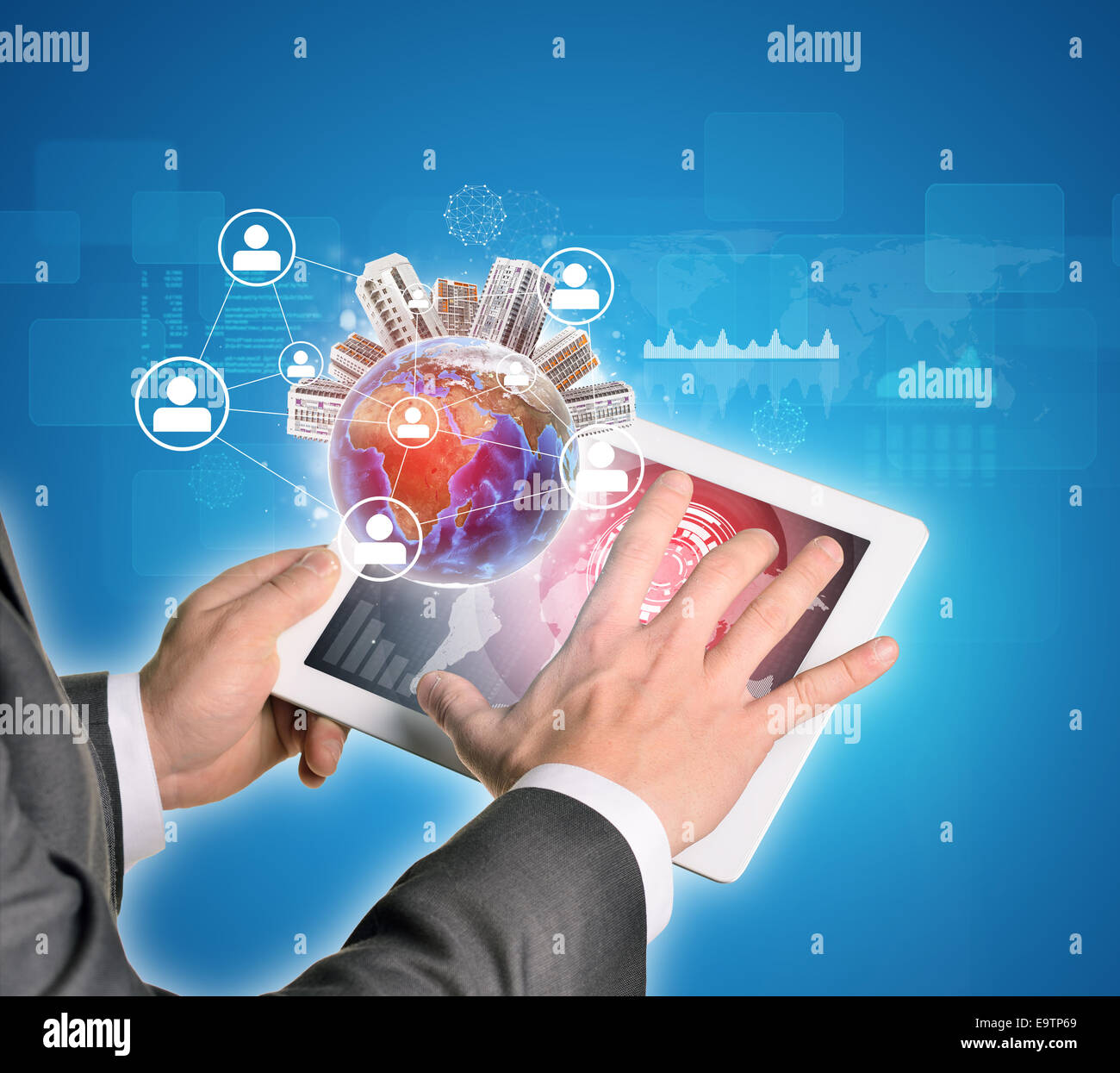 Man hands using tablet pc. Earth with buildings and network near ...