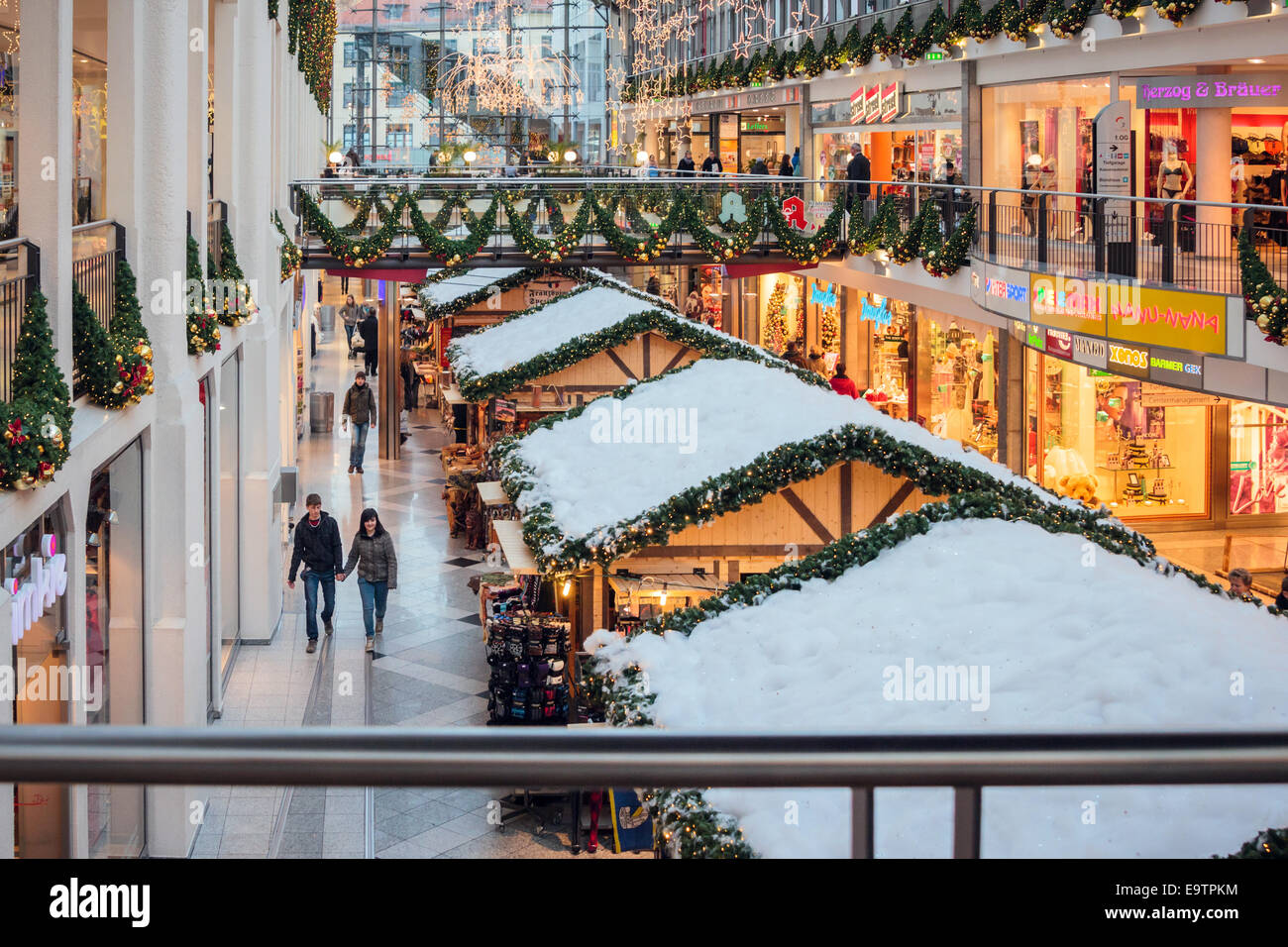Indoor shopping center with Christmas decorations, Germany Stock Photo ...