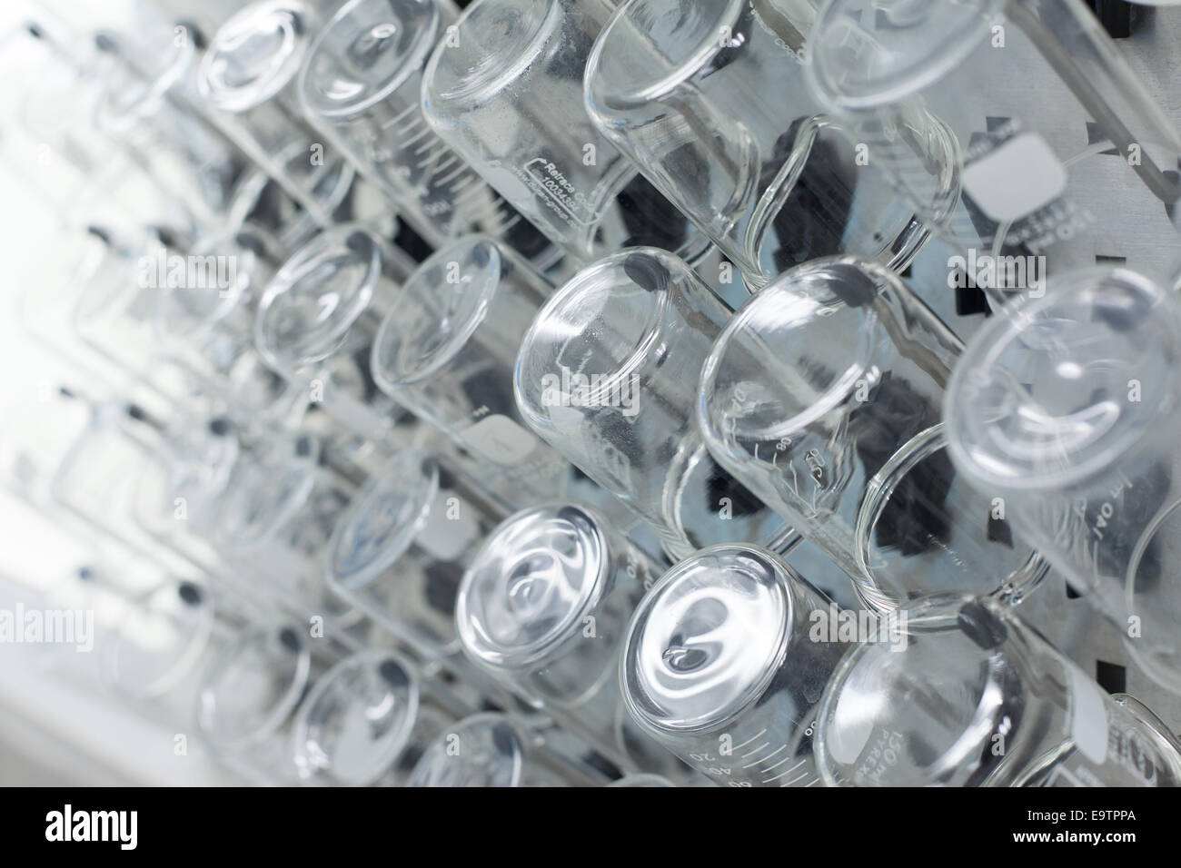 Rows of beaker on a drying rack in a chemistry lab Stock Photo - Alamy