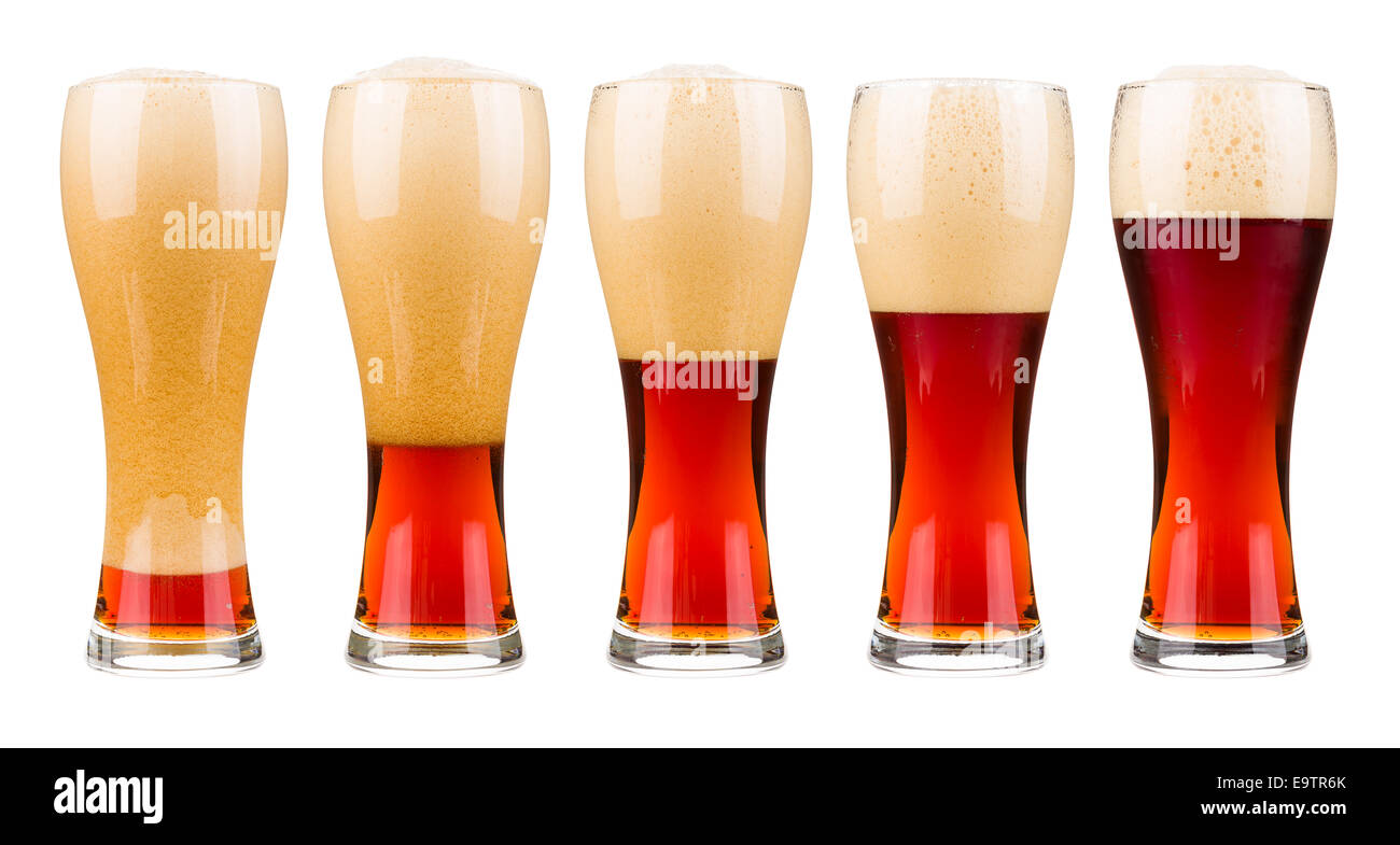 Five glasses of red beer in filling up in sequence Stock Photo - Alamy