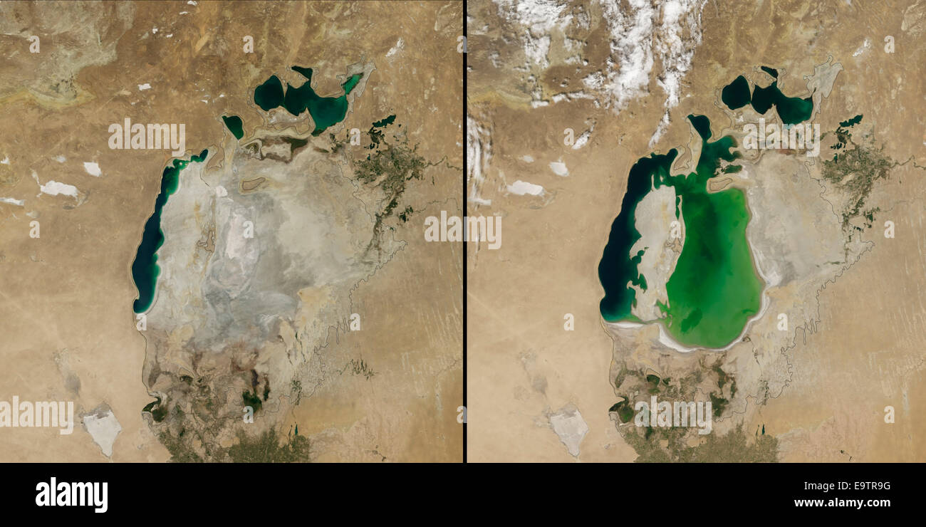 This image illustrates the dramatic shrinkage of the Aral Sea, showing ...