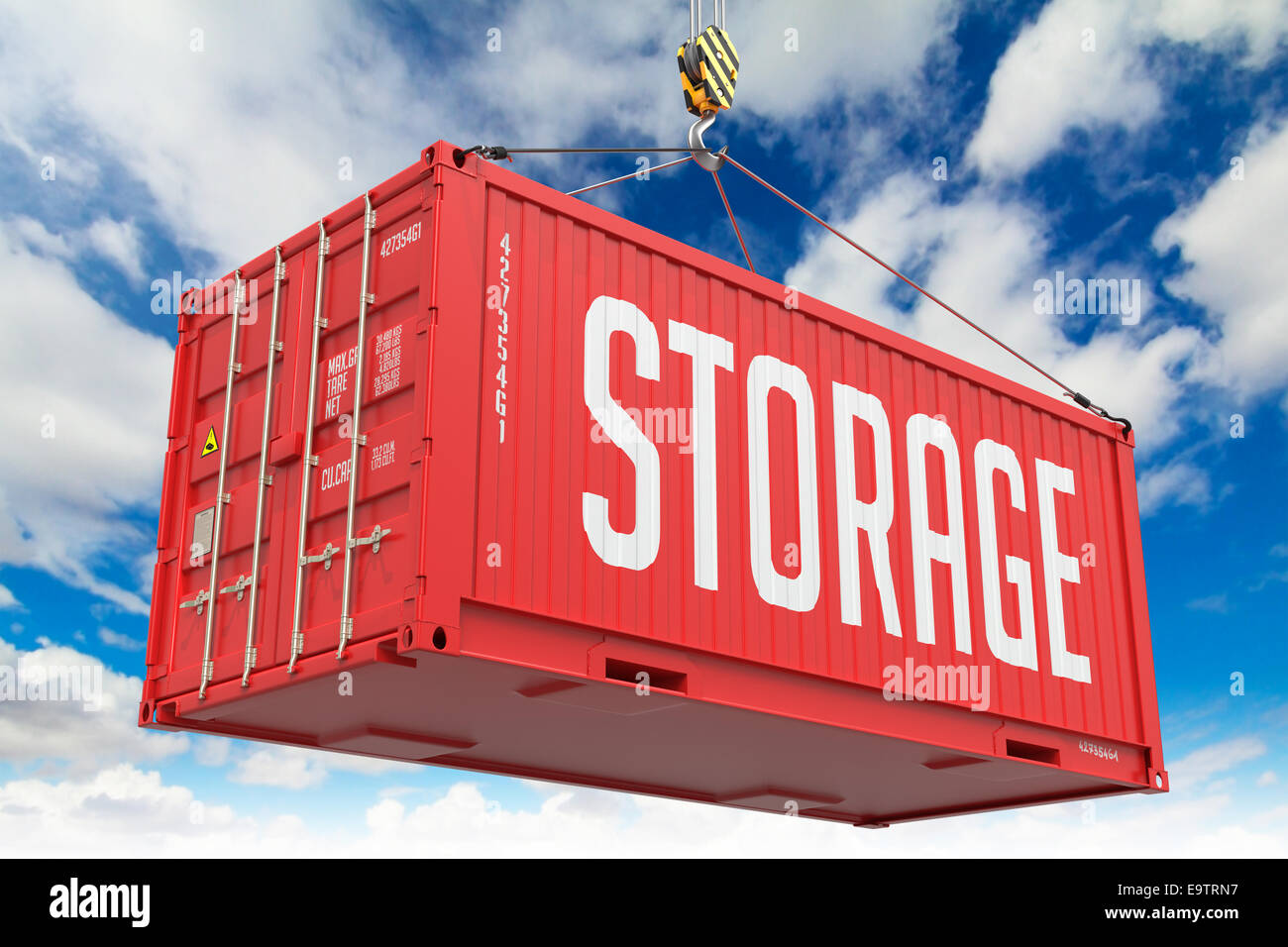 Storage - Red Hanging Cargo Container on Sky Background Stock Photo - Alamy