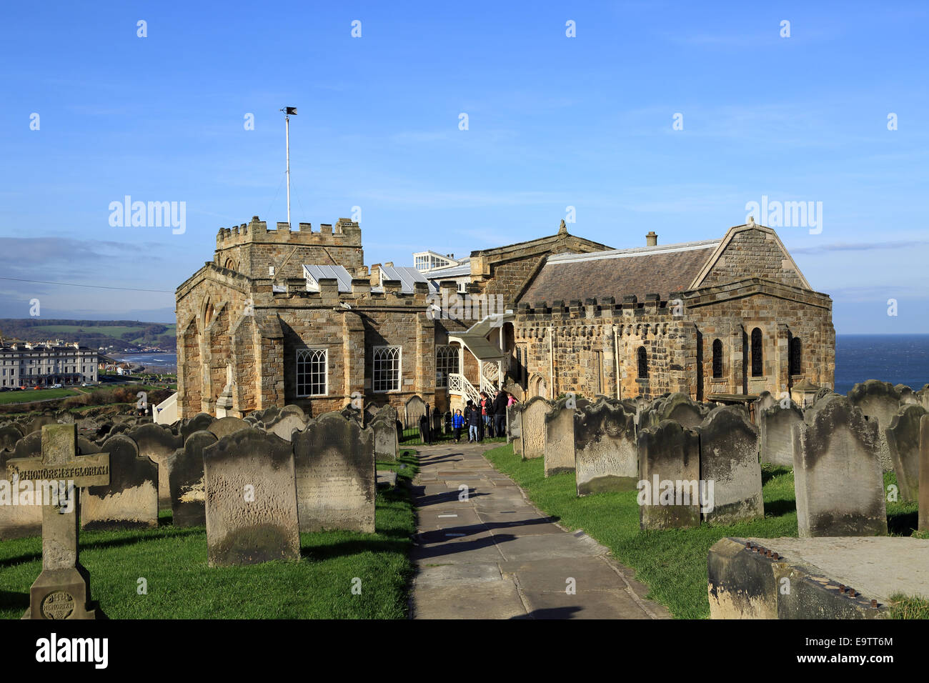View of Church of Saint Mary and gravestones, Abbey Lane, Whitby, North ...
